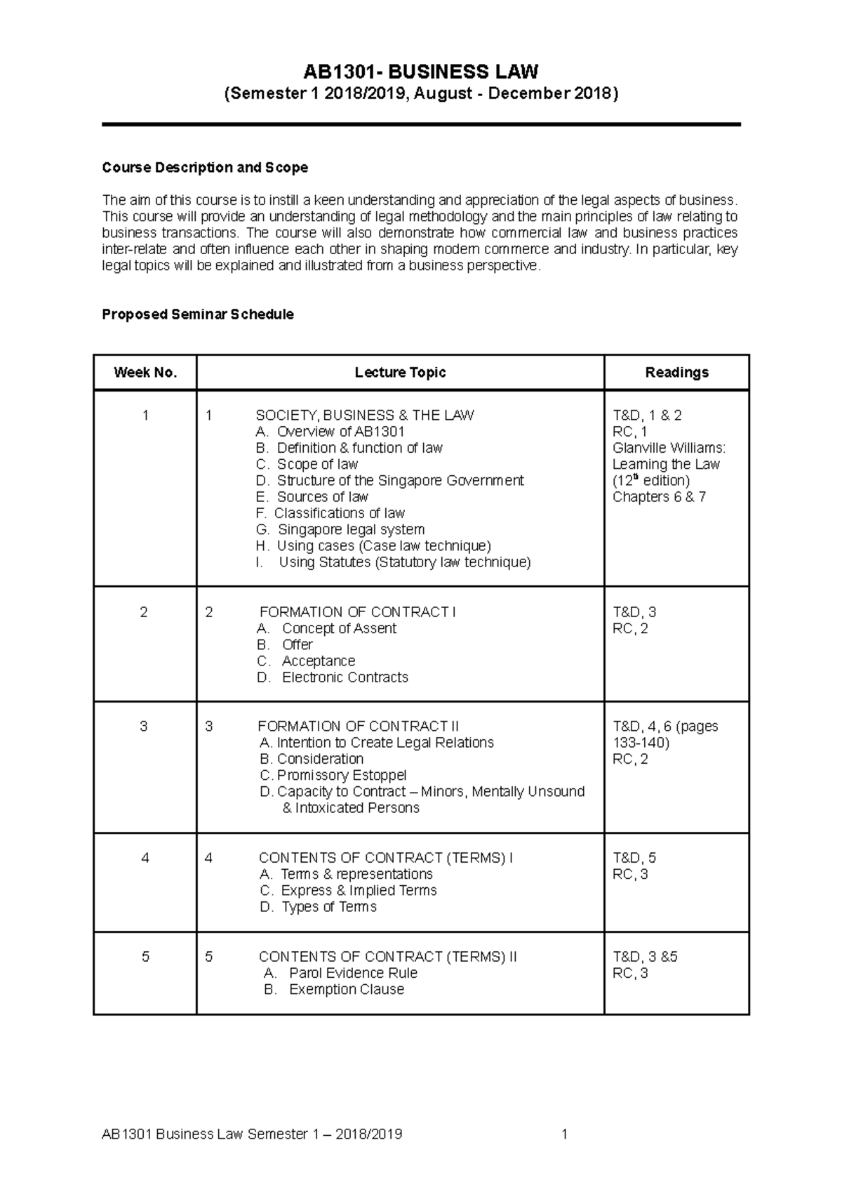 AB1301 Course Outline Aug 2018 - AB1301- BUSINESS LAW (Semester 1 2018/ ...
