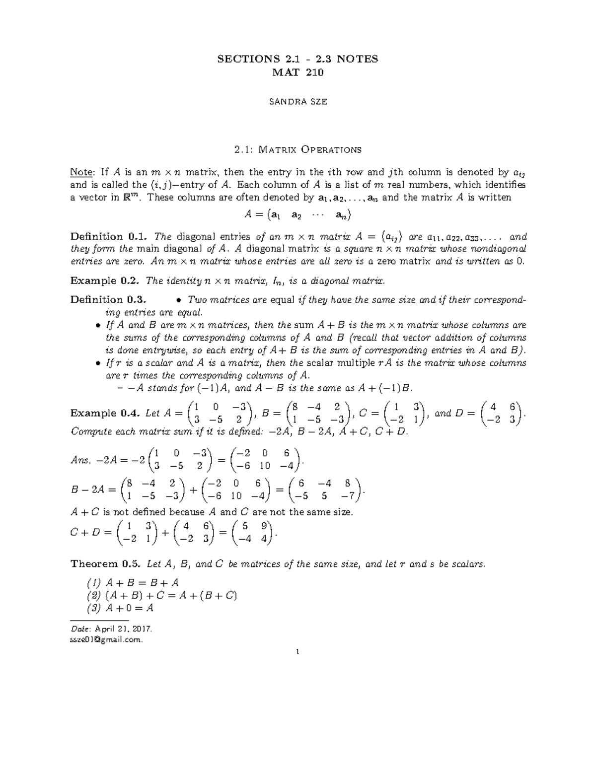 2.1 - 2.3 Notes - SECTIONS 2 - 2 NOTES MAT 210 SANDRA SZE 2: Matrix ...
