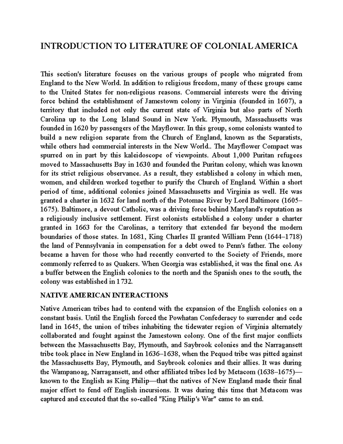 Introduction TO Literature OF Colonial America - INTRODUCTION TO ...