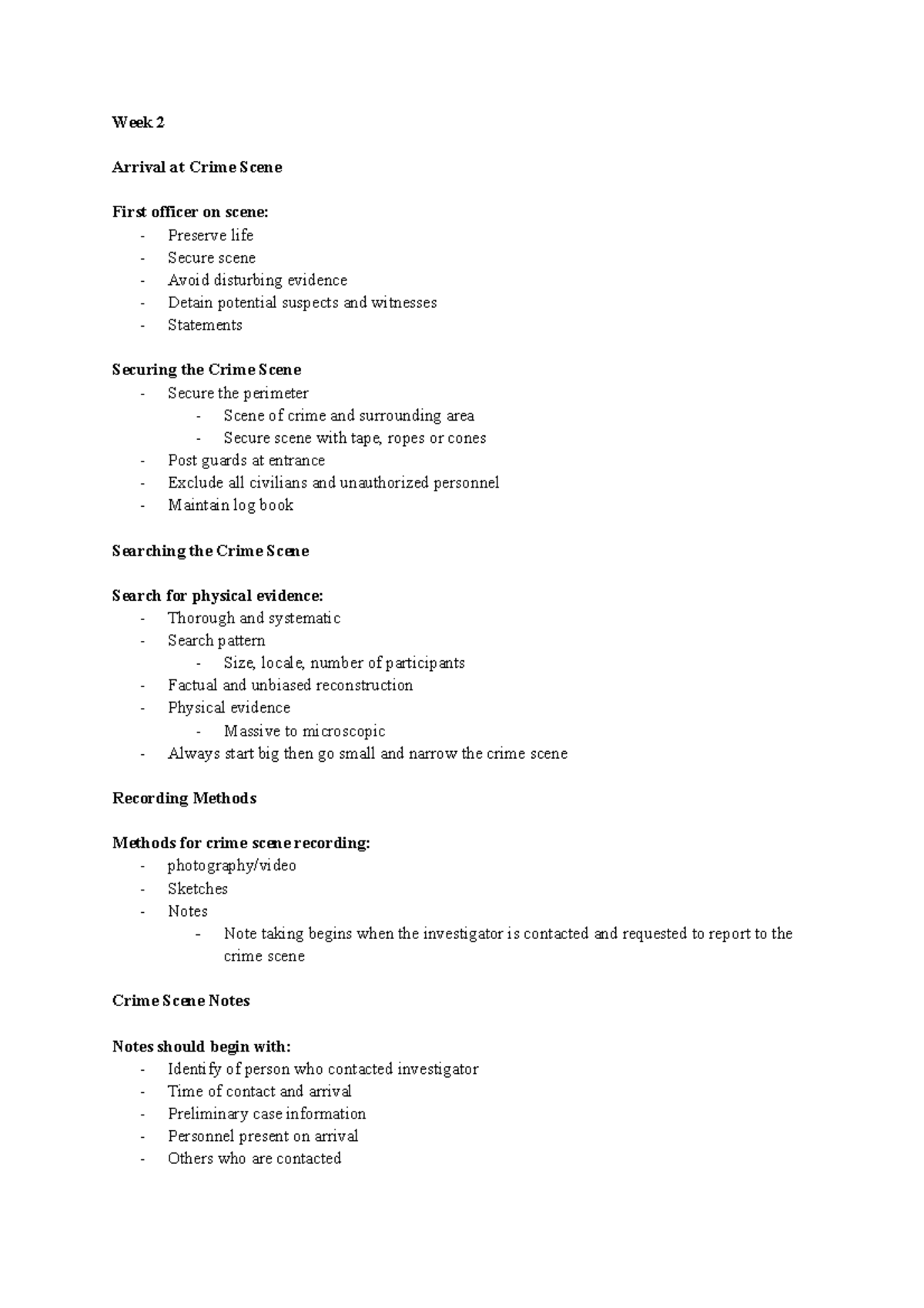 Class notes (2021) - Week 2 Arrival at Crime Scene First officer on ...