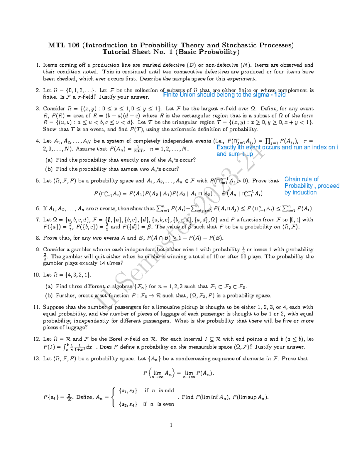 Tutsheet 1new - Tutorials - II Semester 2023- MTL 106 (Introduction to Probability Theory and ...