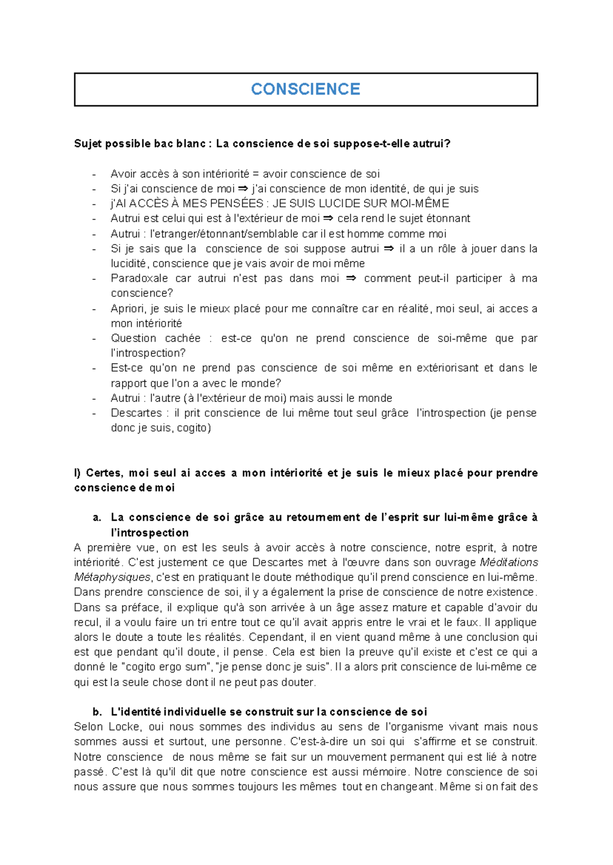 Fiche Conscience - CONSCIENCE Sujet possible bac blanc : La conscience ...