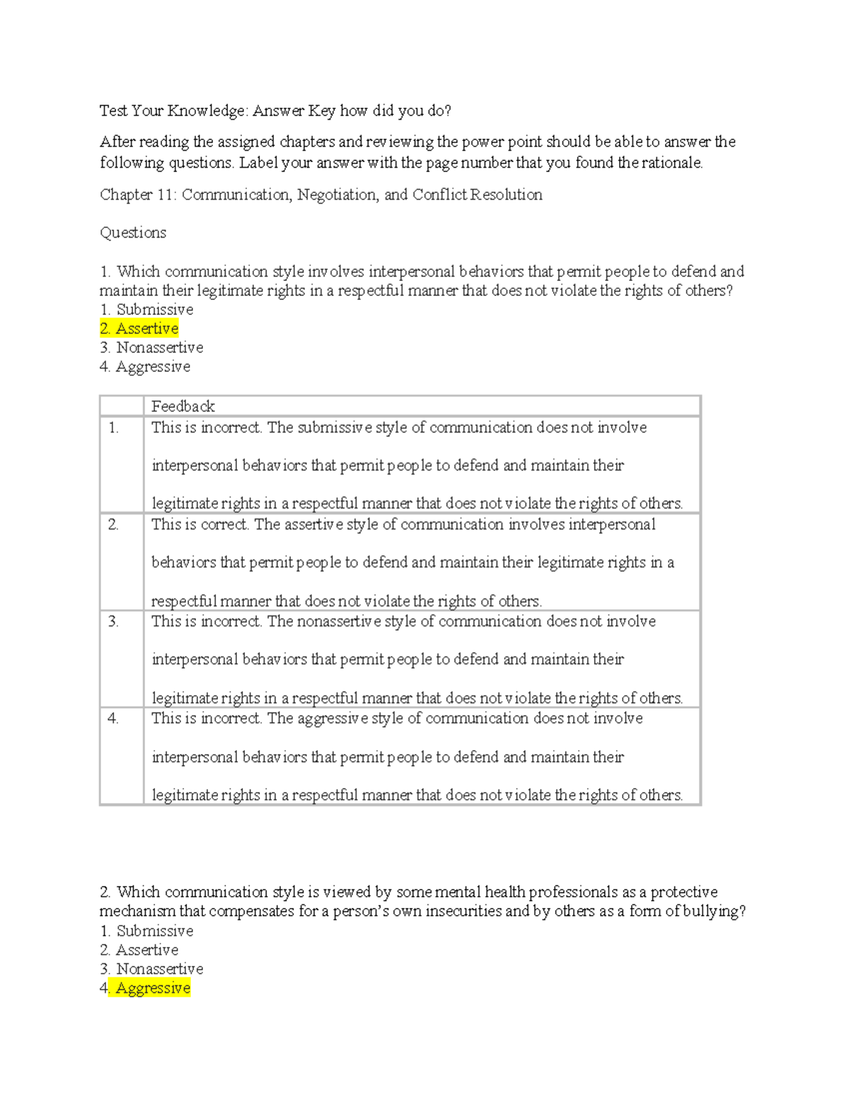 Communication Styles and Conflict Resolution Quiz Answer Key - Studocu