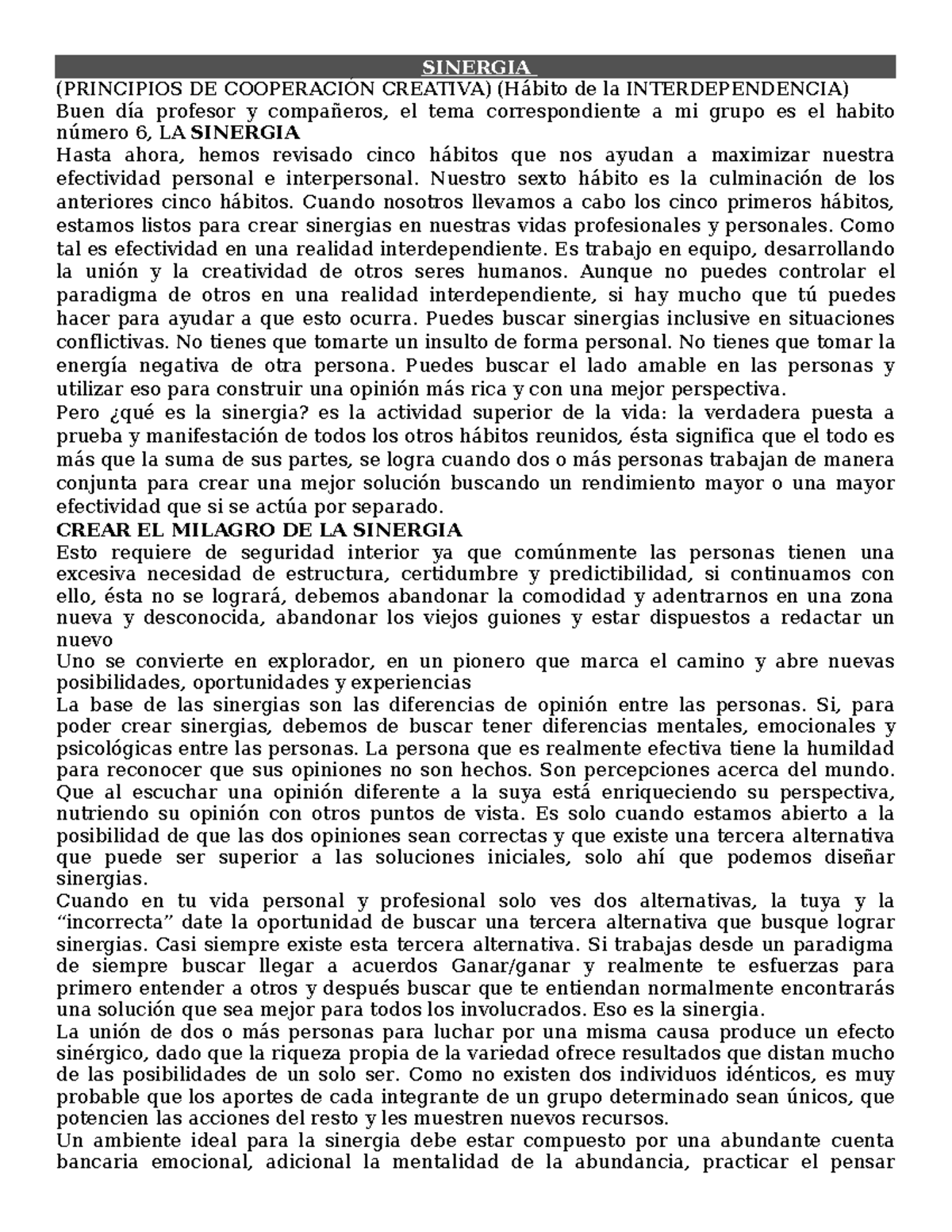 Sinergiaaaa - SINERGIA (PRINCIPIOS DE COOPERACIÓN CREATIVA) (Hábito de ...