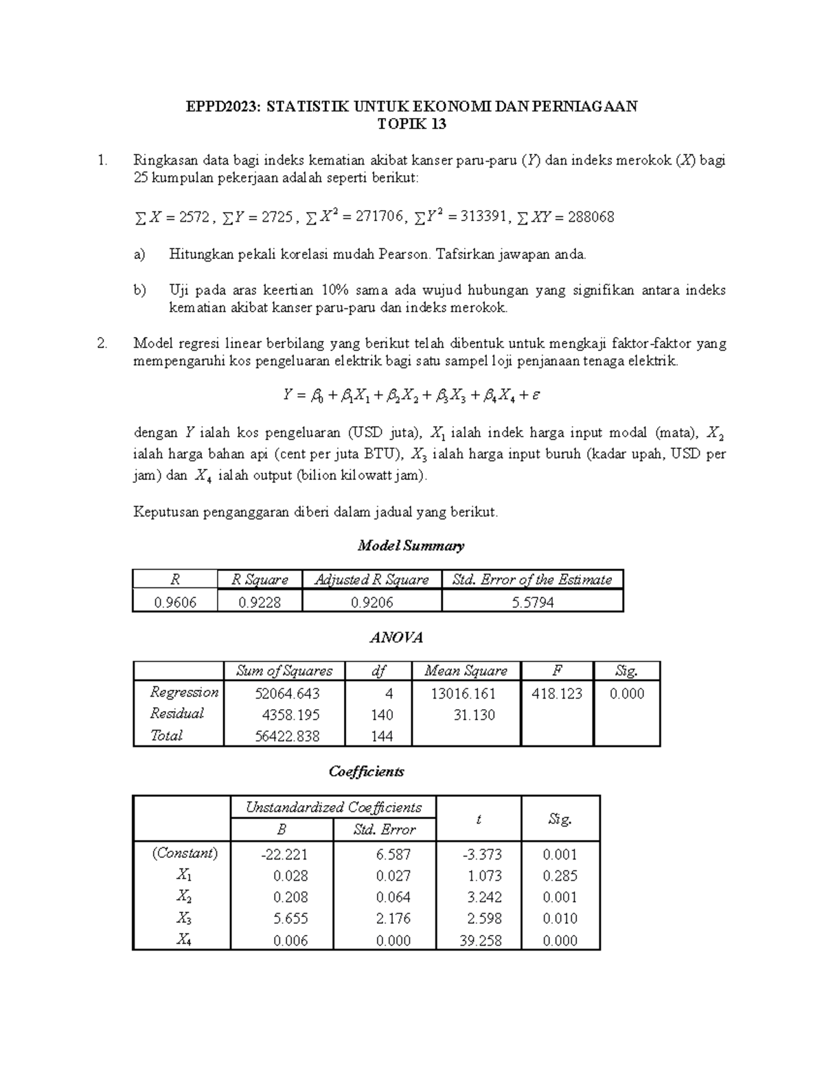 Latihan topik 13statistik - STATISTIK I - UKM - Studocu
