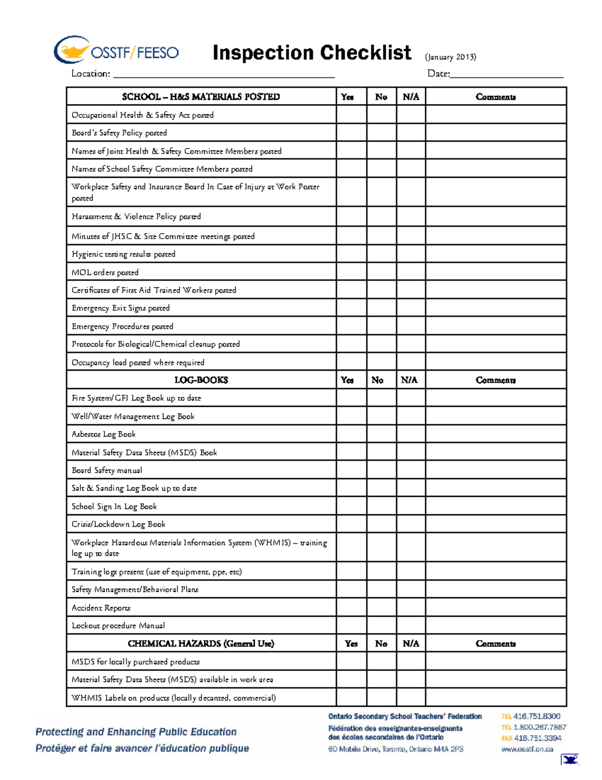 Health and safety inspection checklist - Location