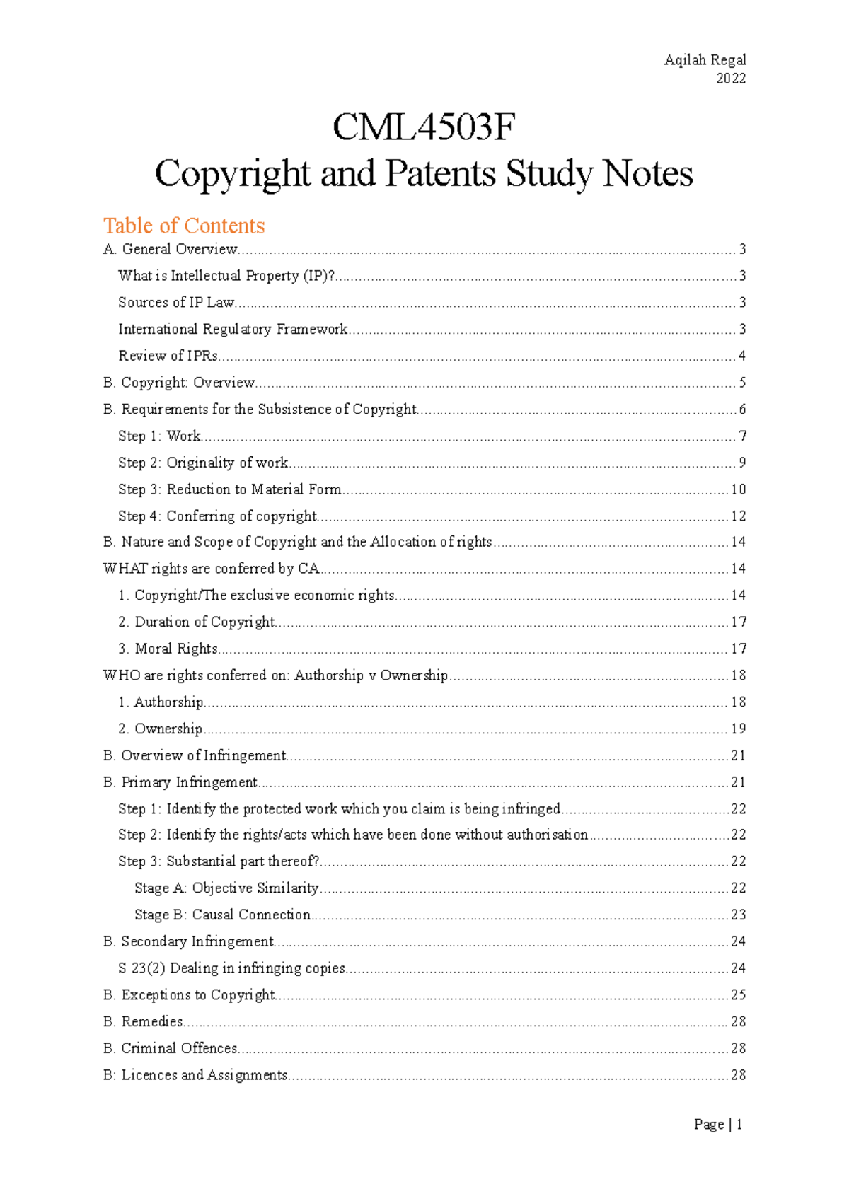 Copyright and Patents Study Notes - CML4503F Copyright and Patents ...