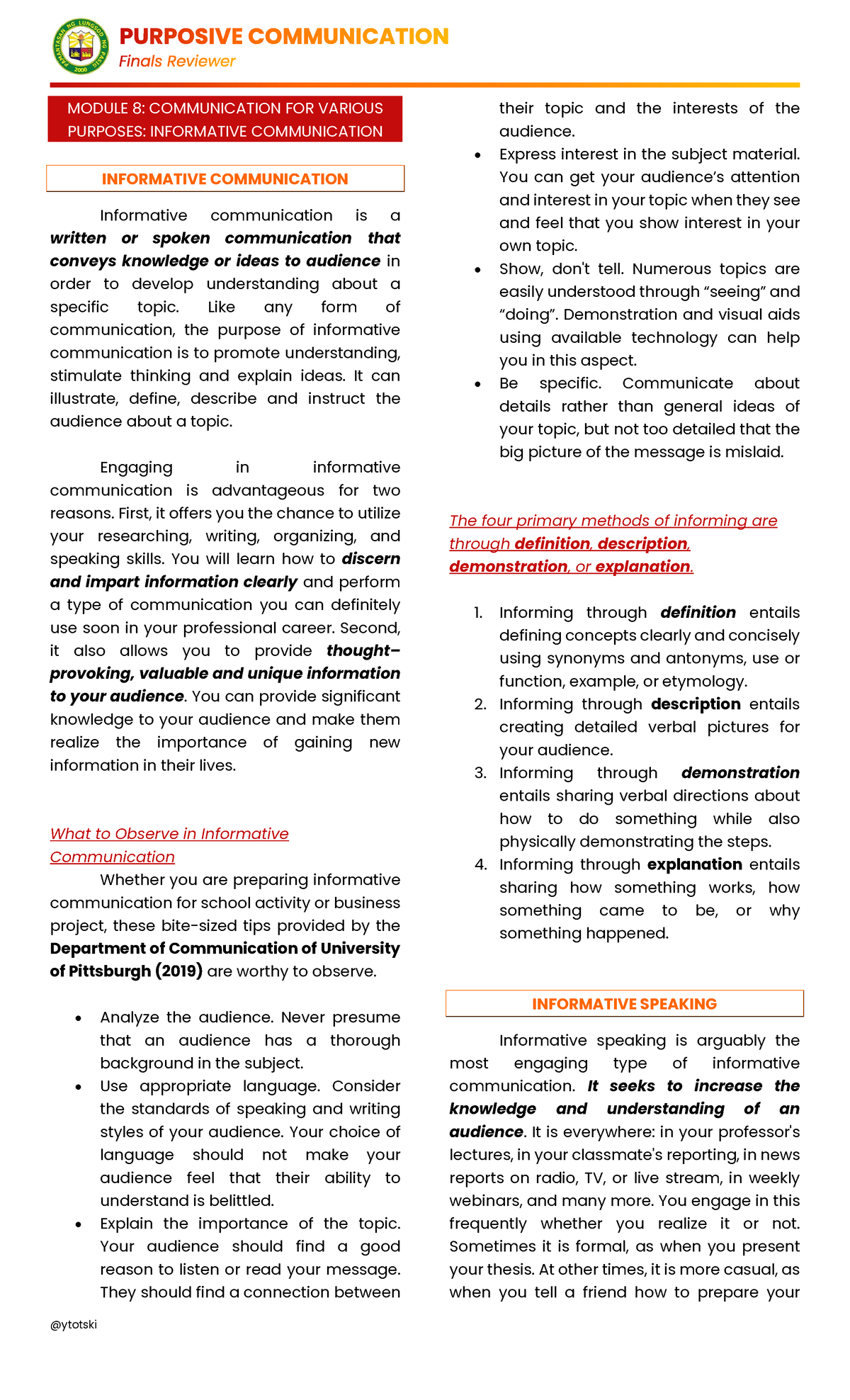 Purcom- Reviewer - @ytotski MODULE 8: COMMUNICATION FOR VARIOUS PURPOSES: INFORMATIVE ...