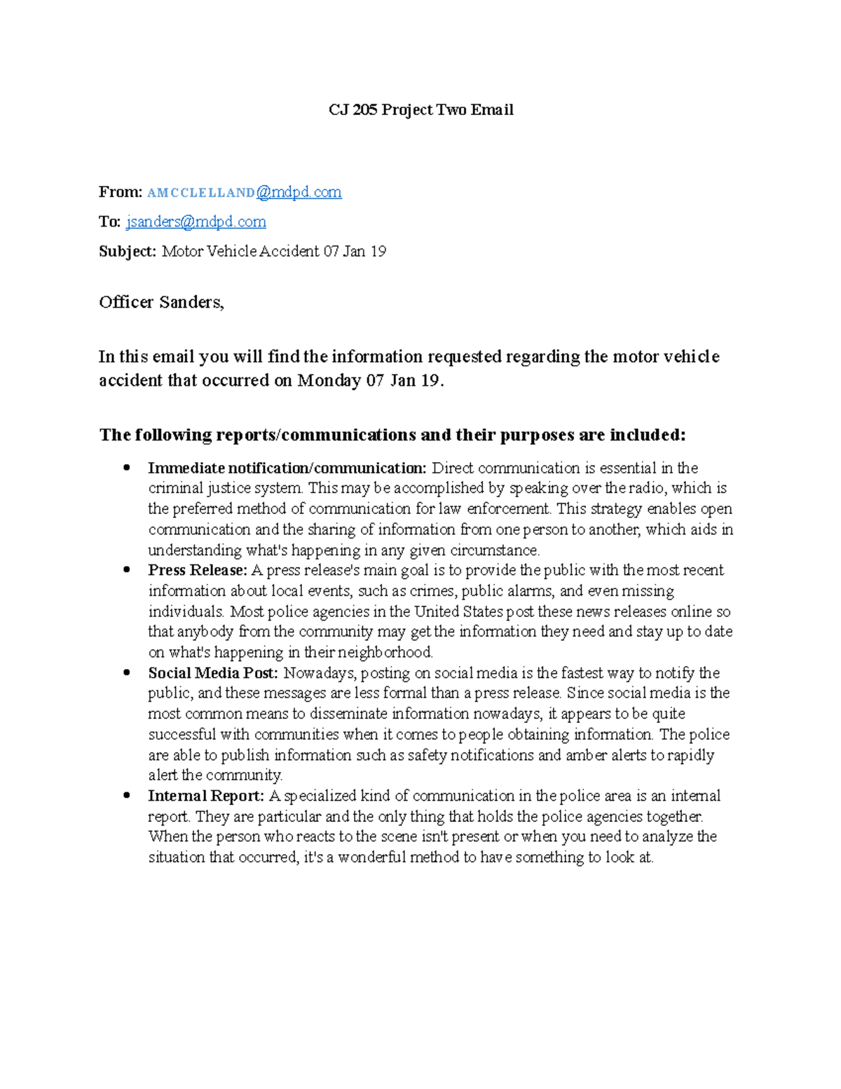 CJ 205 Project Two Email - CJ 205 Project Two Email From: AMCCLELLAND ...