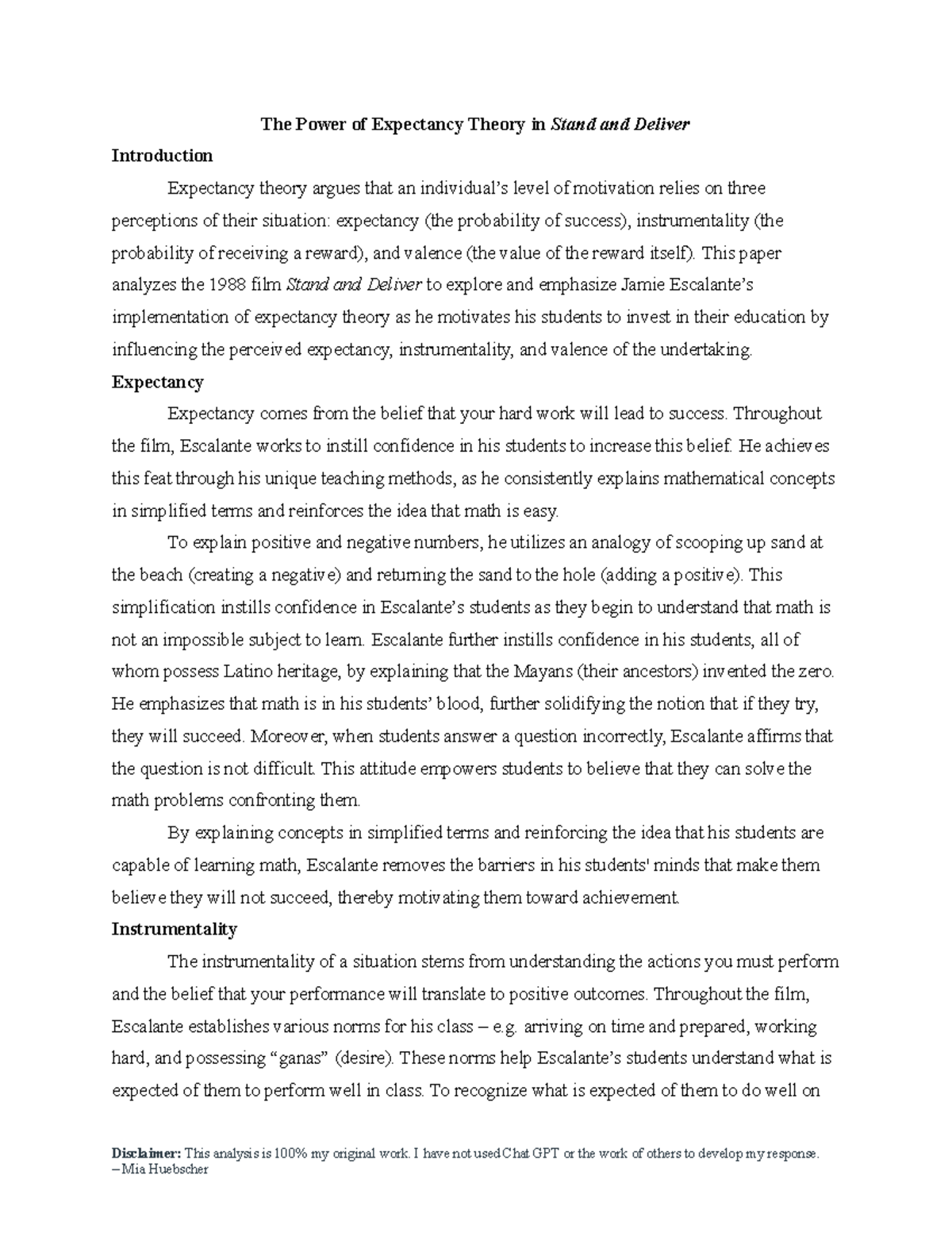 Stand and Deliver Analysis - The Power of Expectancy Theory in Stand ...