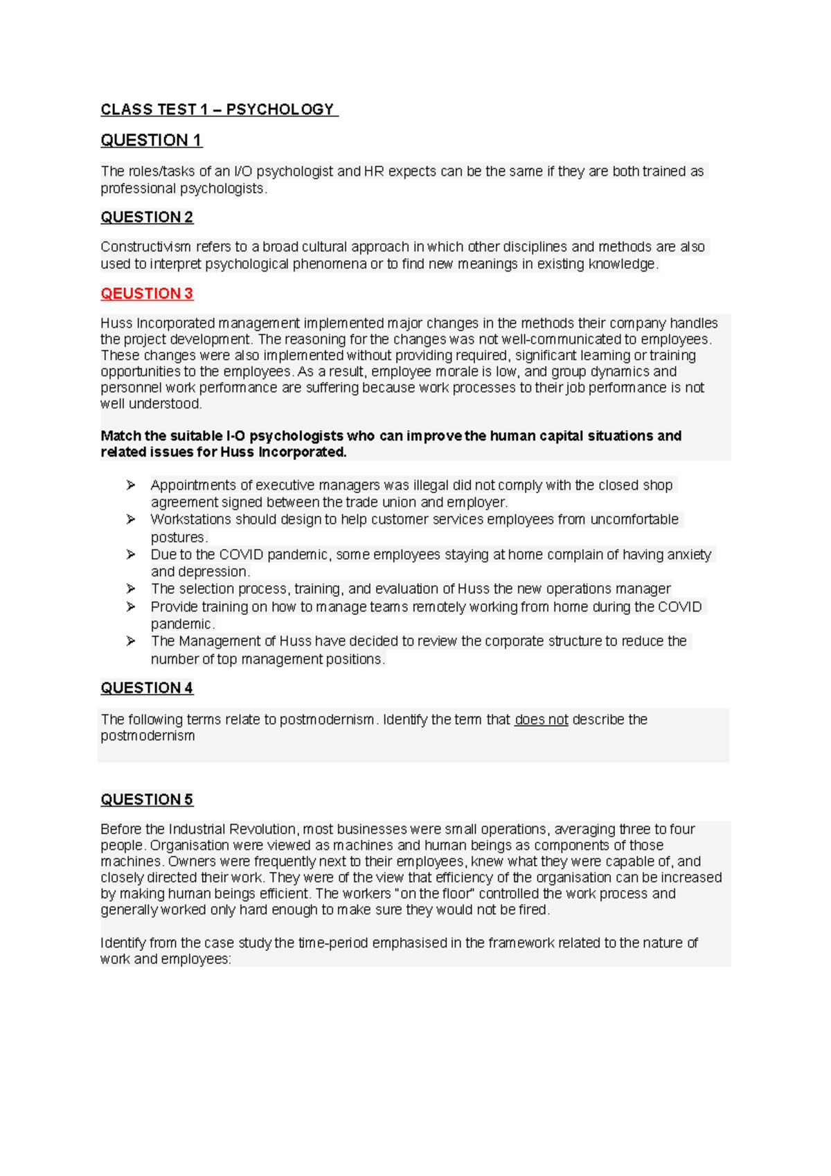 Class TEST 1 - Psychology - CLASS TEST 1 – PSYCHOLOGY QUESTION 1 The ...