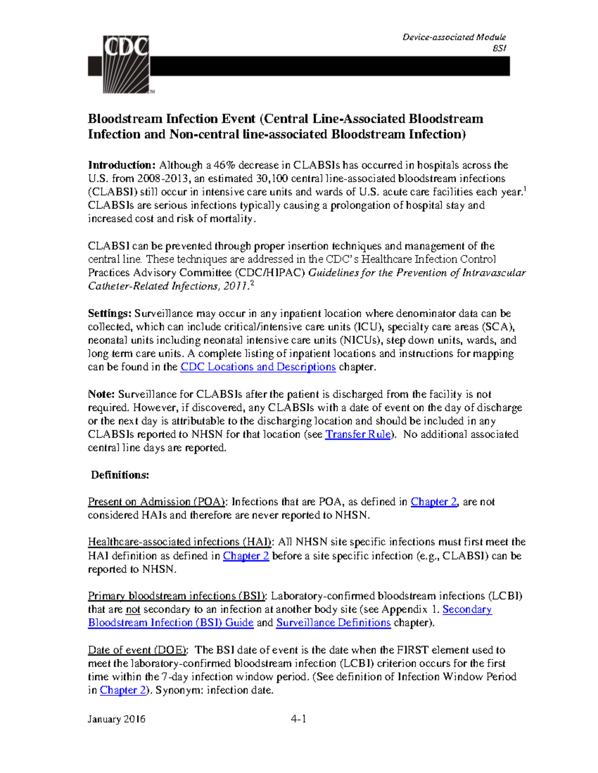 2016- CDC NHSN Criteria- BSI - BSI Bloodstream Infection Event (Central ...