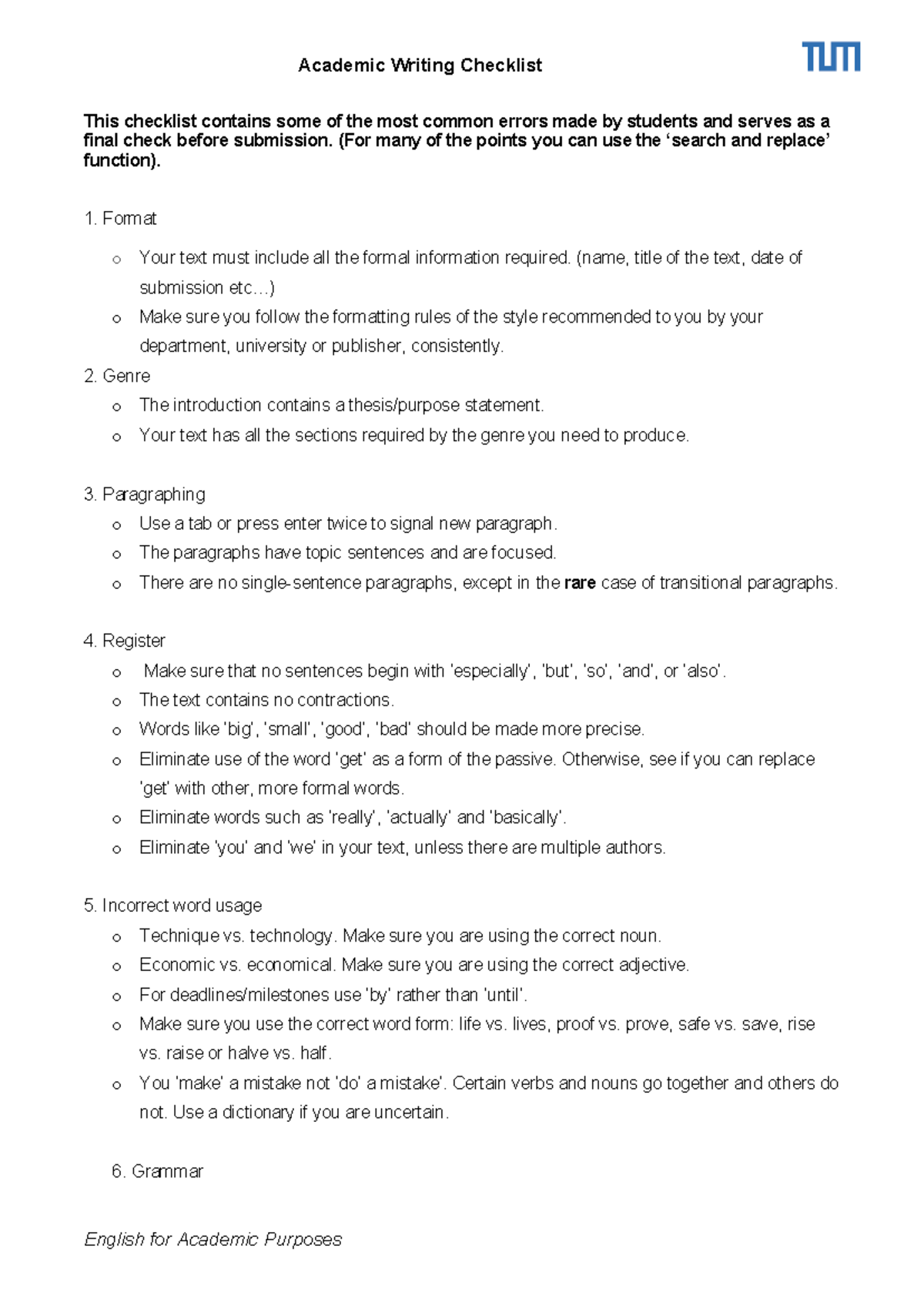 Academic Writing Checklist - Academic Writing Checklist English for ...
