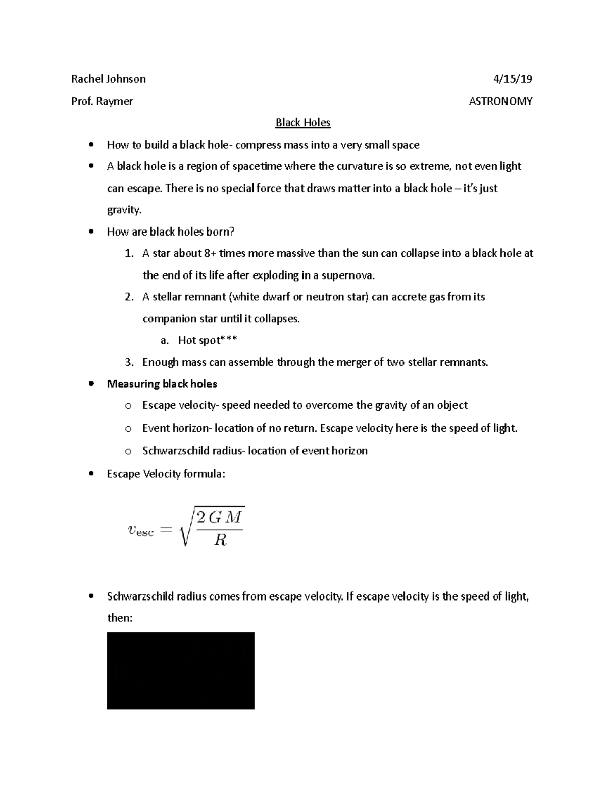 Astronomy 4/15/19- Black Holes - Rachel Johnson 4/15/ Prof. Raymer ...