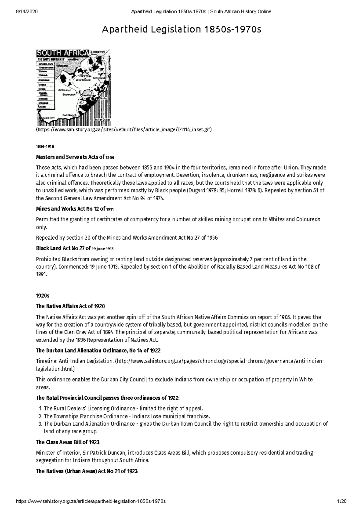 Apartheid Legislation 1850s-1970s South African History Online - - Studocu