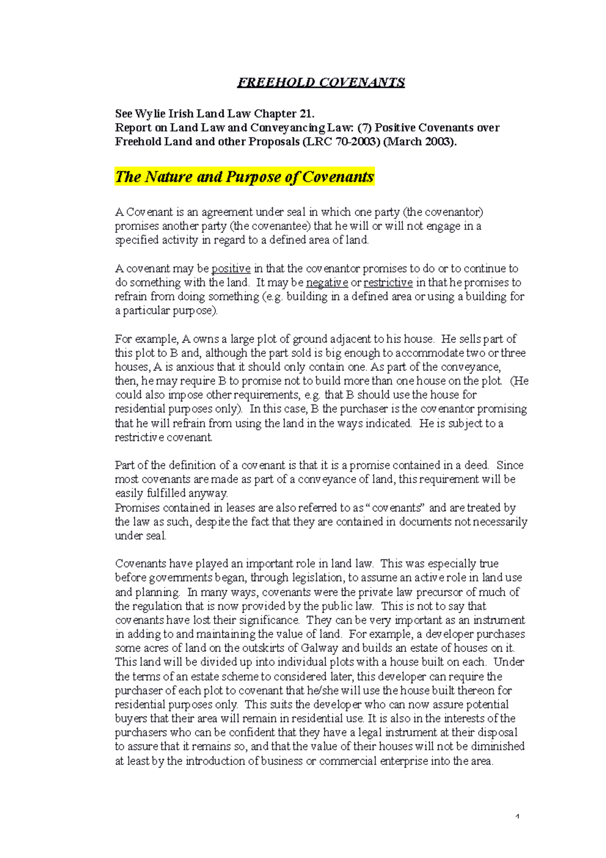 2022 Freehold Covenants - FREEHOLD COVENANTS See Wylie Irish Land Law ...