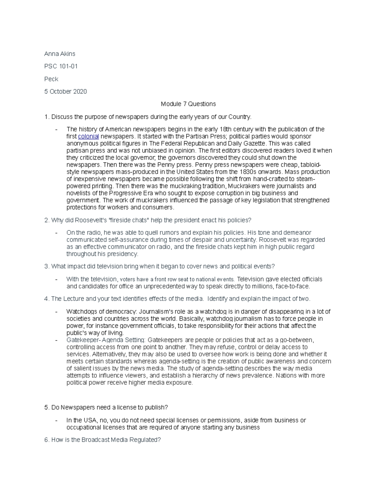Module 7 Questions And Answers Anna Akins Psc 101 Peck 5 October 2020 Module 7 Questions 