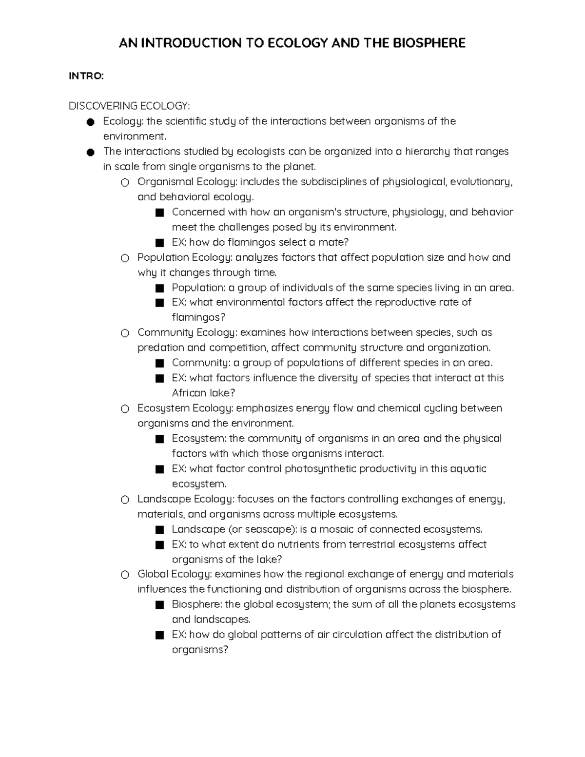BSC 196 Book Notes Ch. 52 - AN INTRODUCTION TO ECOLOGY AND THE ...