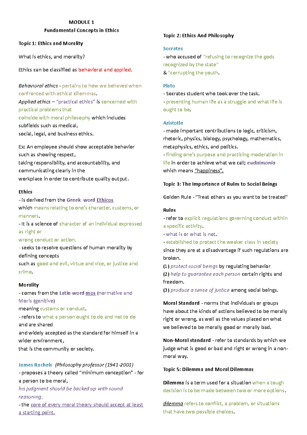 Ethics Reviewer - MODULE 1 Fundamental Concepts in Ethics Topic 1: Ethics and Morality What is ...