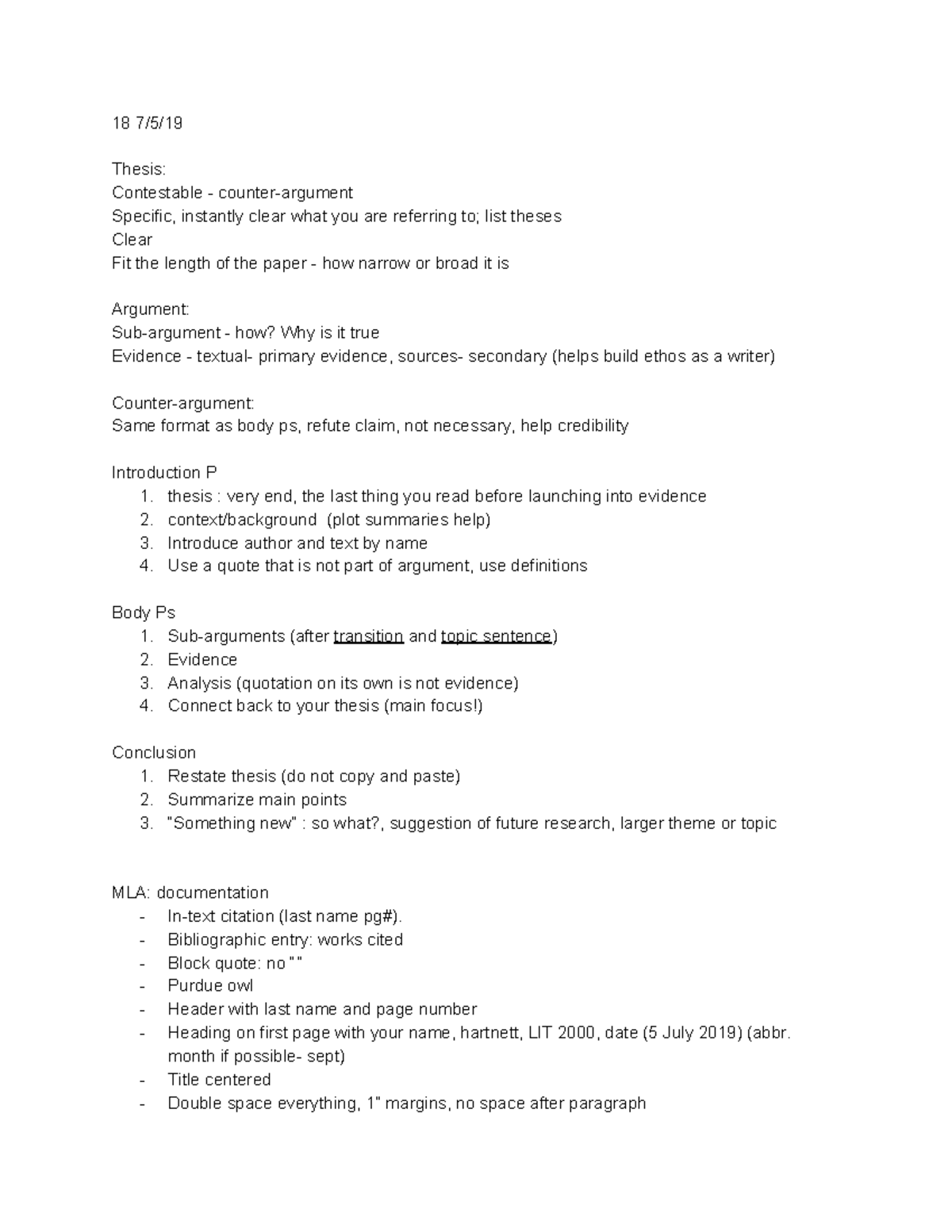 Essay Format and MLA - Lecture notes 2 - 18 7/5/ Thesis: Contestable ...
