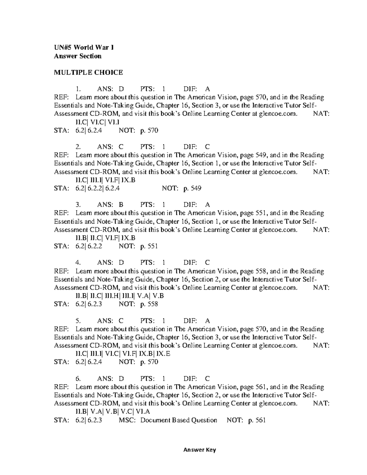 Test bank WWI - test - Answer Key UN#5 World War I Answer Section ... Test bank WWI - test - Answer Key UN#5 World War I Answer Section ...
