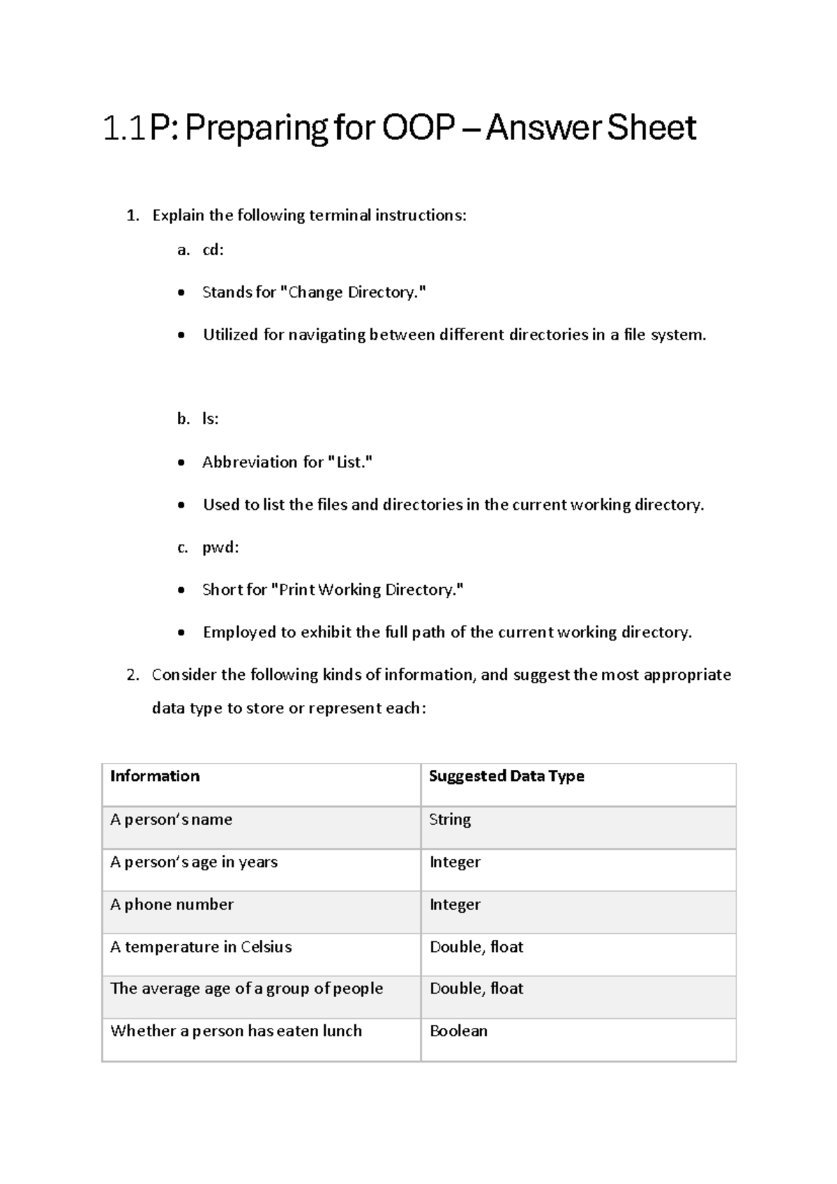Homework For Week 1 1 P Preparing For Oop Answer Sheet Explain The
