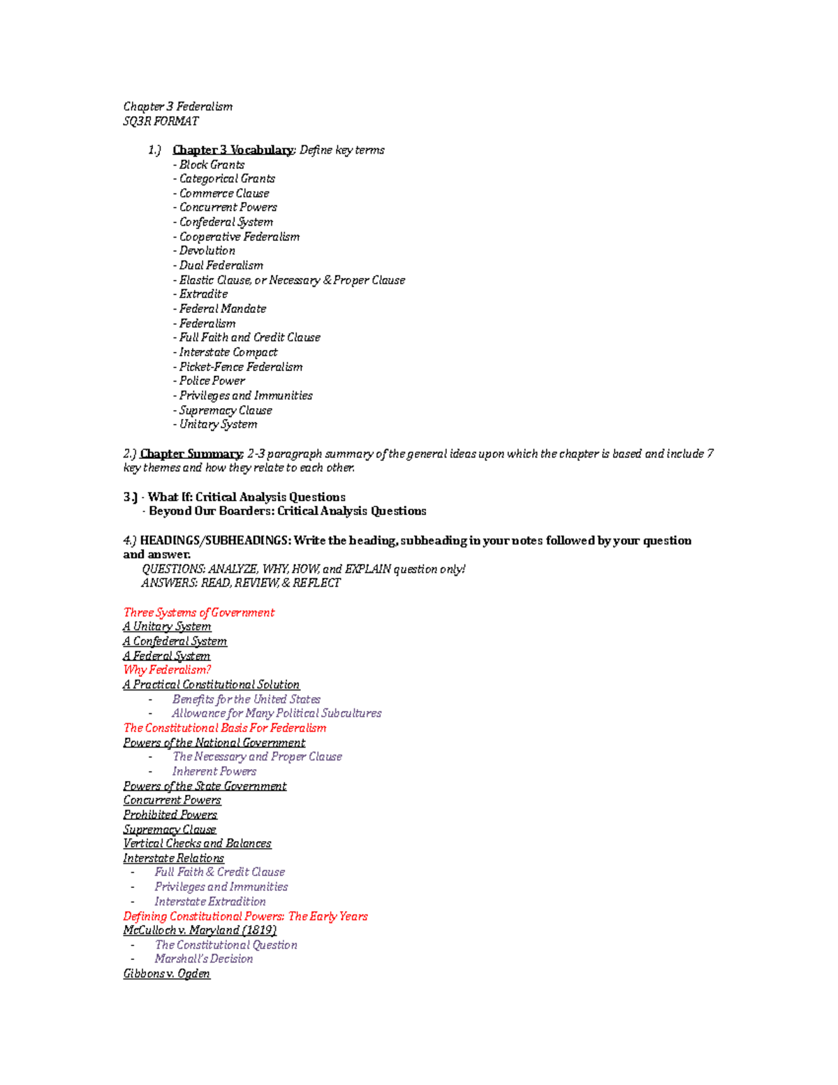 Ch 3 federalism sq3r - Chapter 3 Federalism SQ3R FORMAT 1.) Chapter 3 ...