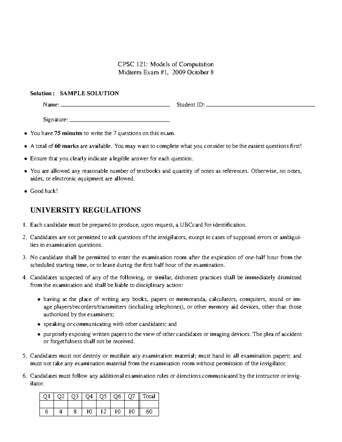 2009 10 Winter Term 1 Midterm 1 Solutions - CPSC 121: Models of Computation Midterm Exam #1 ...
