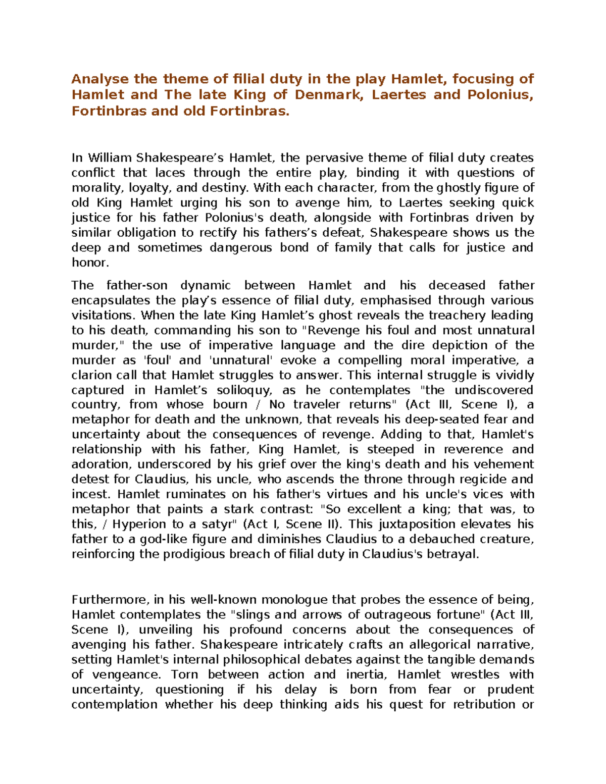 Filial duty of shkes's Hamlet - Analyse the theme of filial duty in the ...
