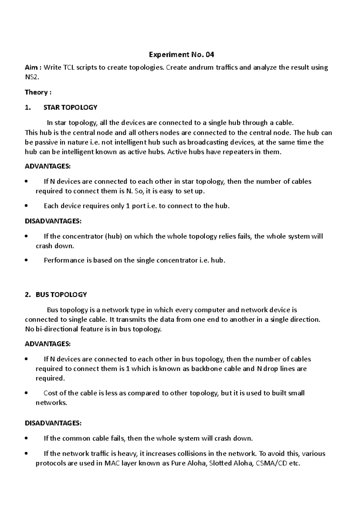 Experiment 04 - Experiment No. 04 Aim : Write TCL scripts to create topologies. Create andrum ...