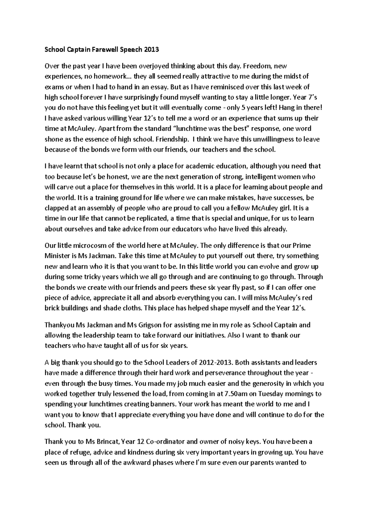 Speech examples for school - School Captain Farewell Speech 2013 Over ...