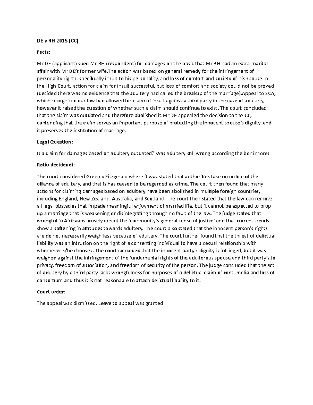 Cases for Law of Delict - DE v RH 2015 (CC) Facts: Mr DE (applicant ...