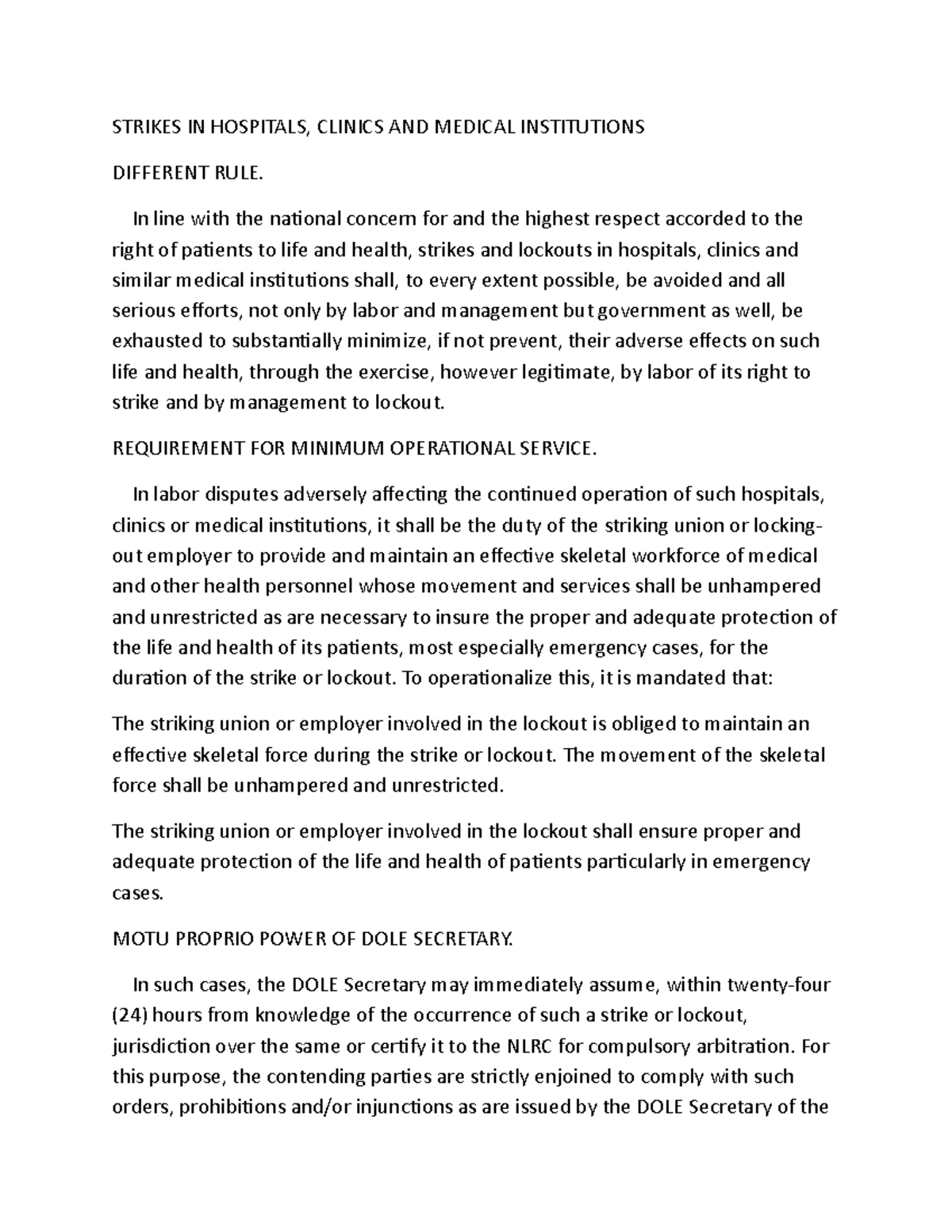 Labor 1 - Notes - STRIKES IN HOSPITALS, CLINICS AND MEDICAL ...