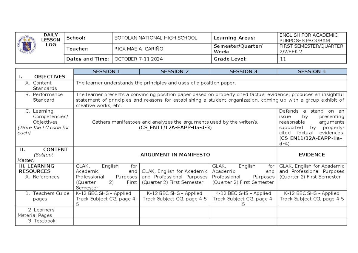 Q2 EAPP 1st Sem-Week 2 - DLL - DAILY LESSON LOG School: BOTOLAN ...