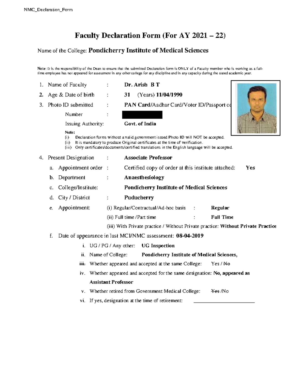 8. Dr. Arish B - Kolkata - NMC_Declaration_Form Faculty Declaration ...