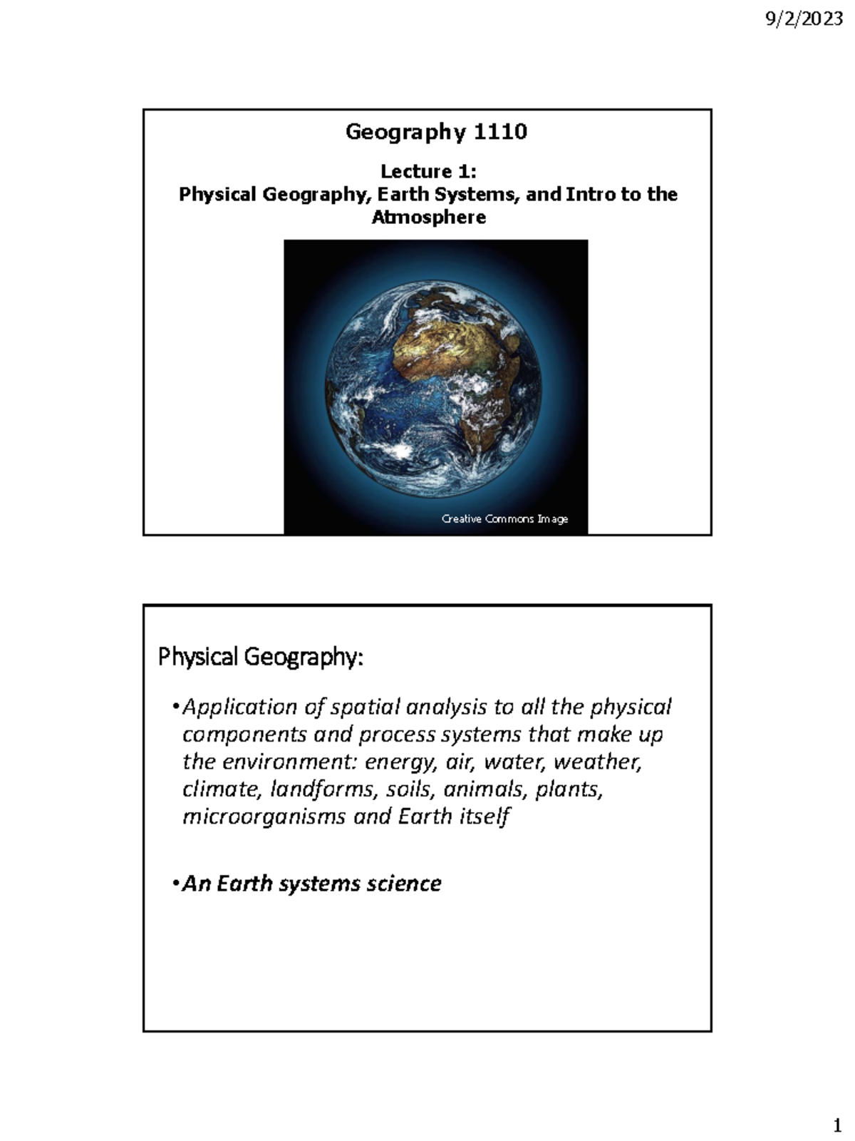 G1110 Lecture 1 F23 - Lecture 1: Introduction to Physical Geography and ...