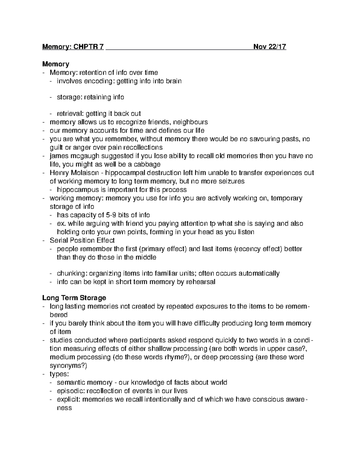Chapter 7 - Lecture notes - Memory: CHPTR 7 Nov 22/17 Memory - Memory ...