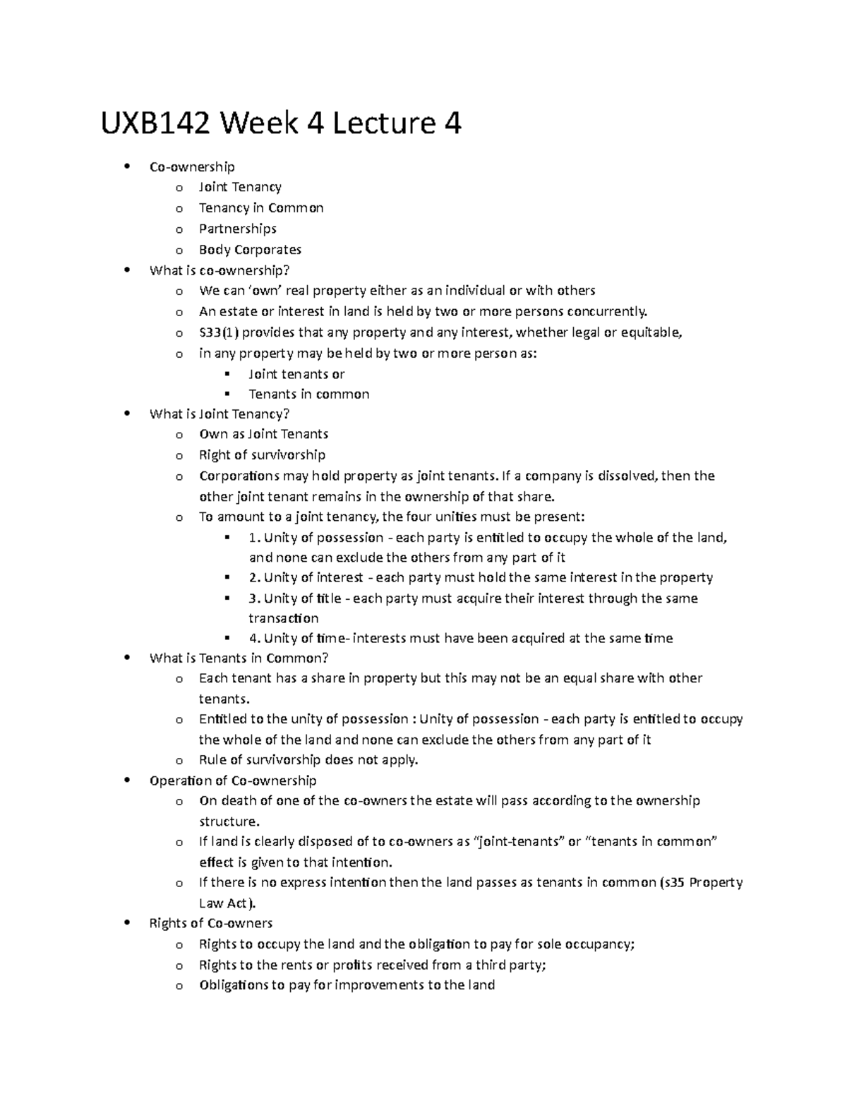 UXB142 Week 4 Lecture 4 - UXB142 Week 4 Lecture 4 Co-ownership o Joint Tenancy o Tenancy in ...
