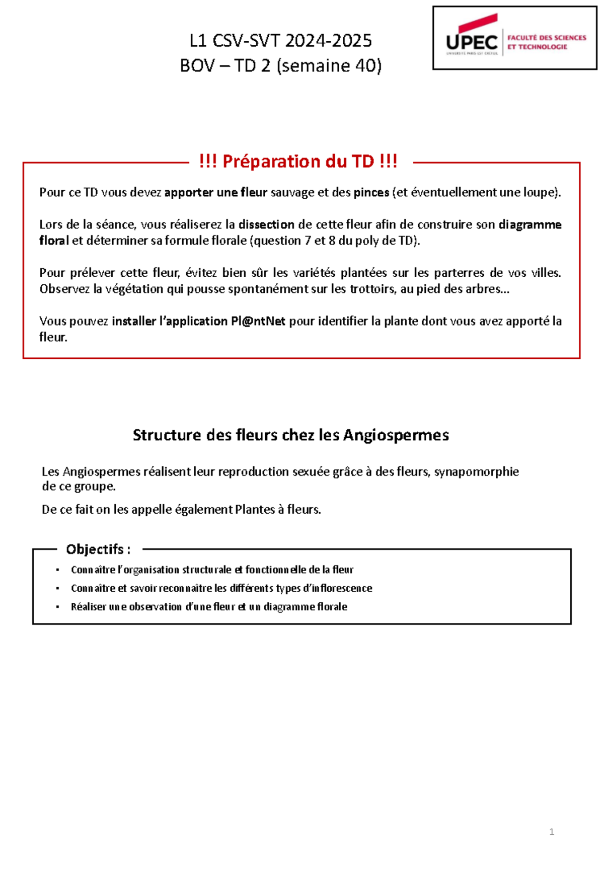 BOV TD 2 Poly étudiant 2024-2025 VF - Structure des fleurs chez les ...