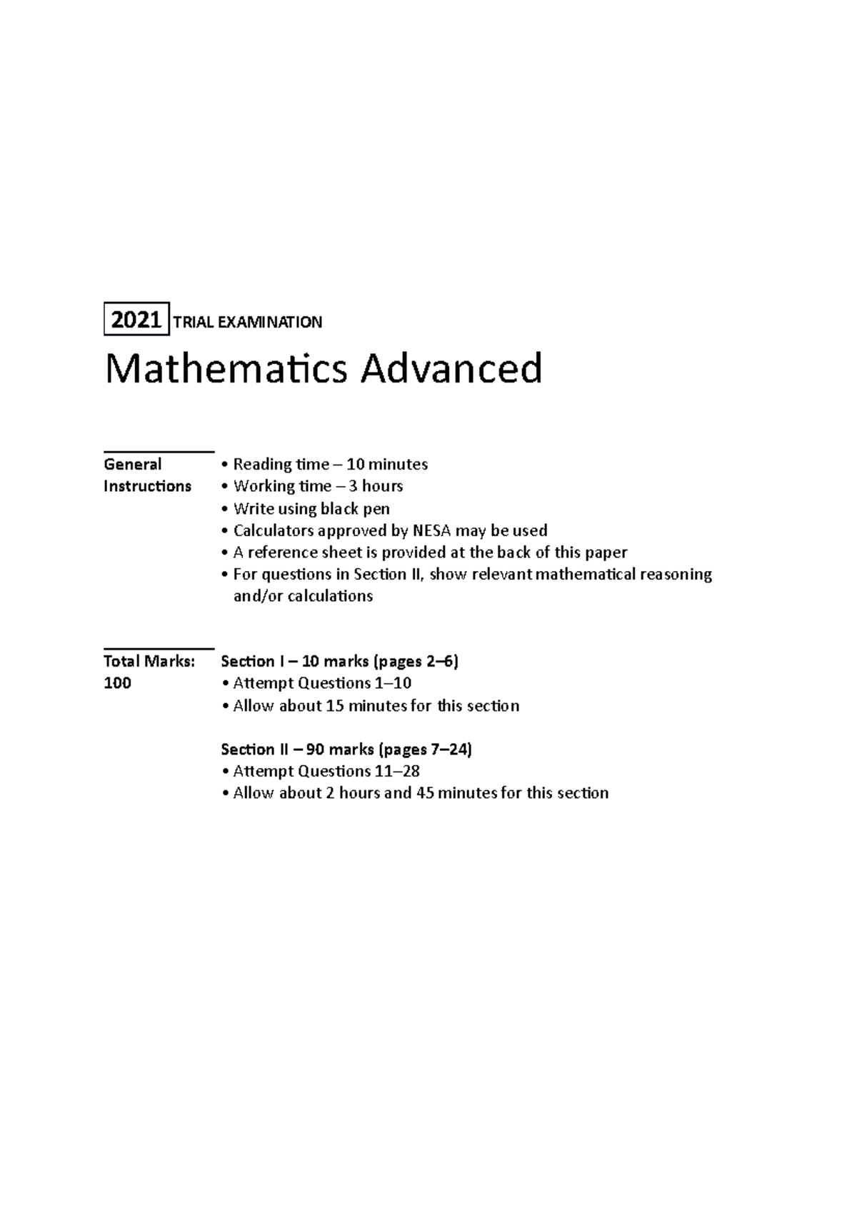2021 Year 12 Mathematics Advanced Examination - 2021 TRIAL EXAMINATION ...