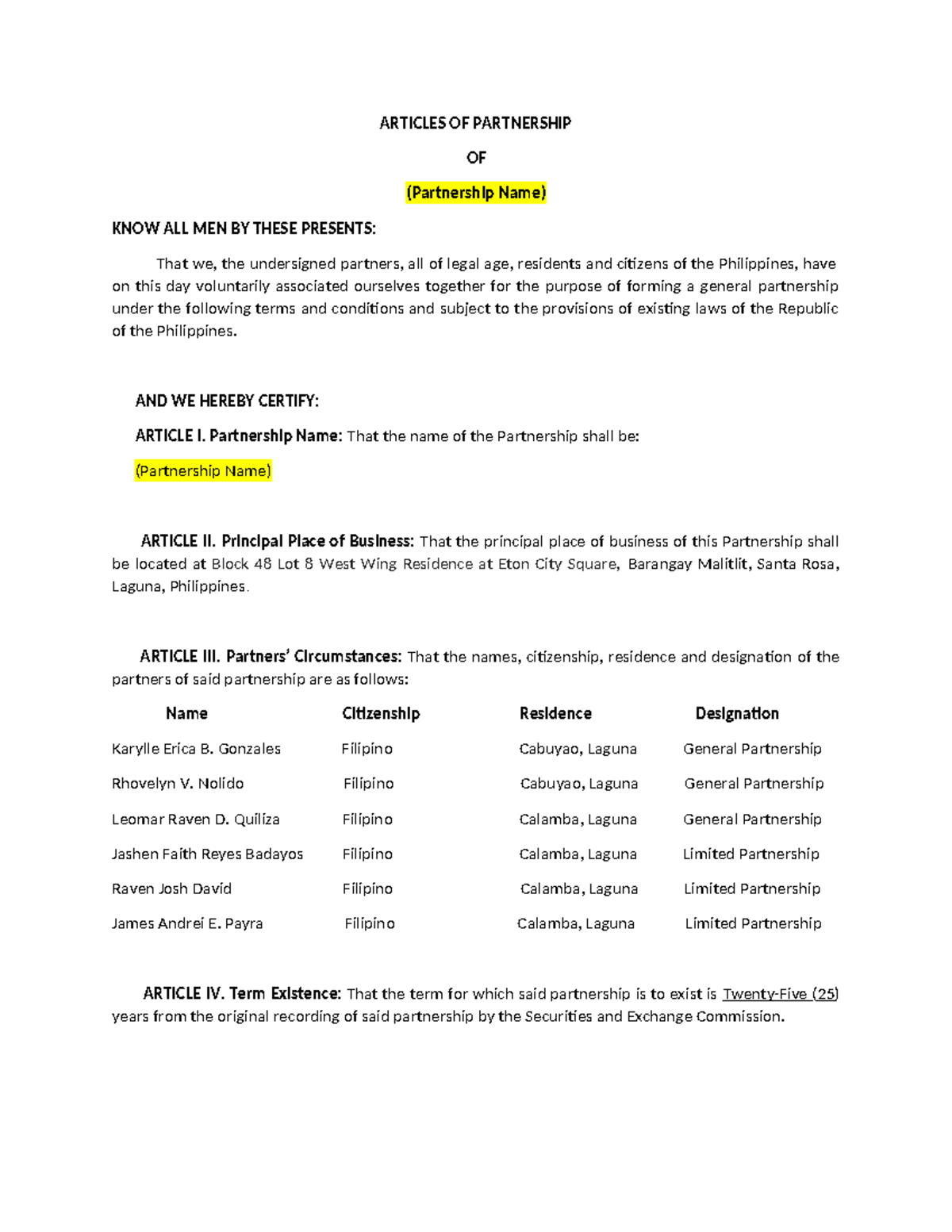 Articles OF Partnership - ARTICLES OF PARTNERSHIP OF (Partnership Name ...