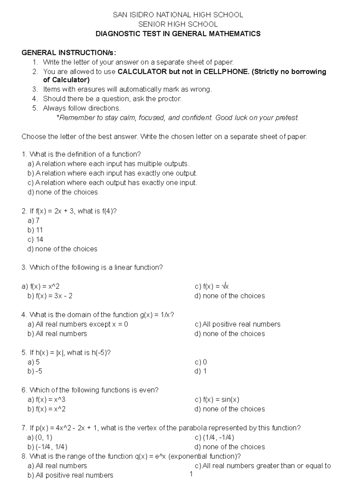 General MATH pretest- FOR s Tudent - SAN ISIDRO NATIONAL HIGH SCHOOL ...