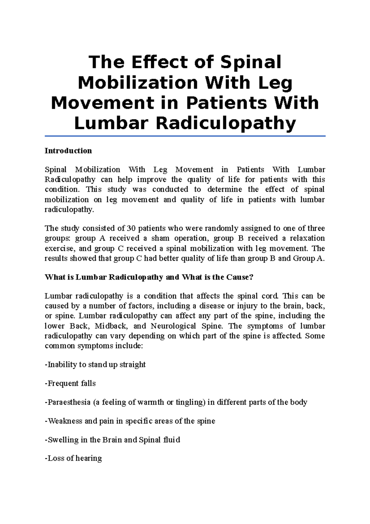 The Effect Of Spinal Mobilization With Leg Movement In Patients With