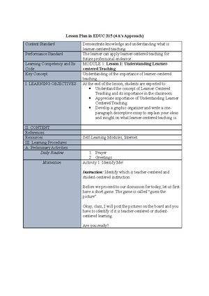 Detailed Lesson PLAN - DETAILED LESSON PLAN I. Learning Competencies A ...