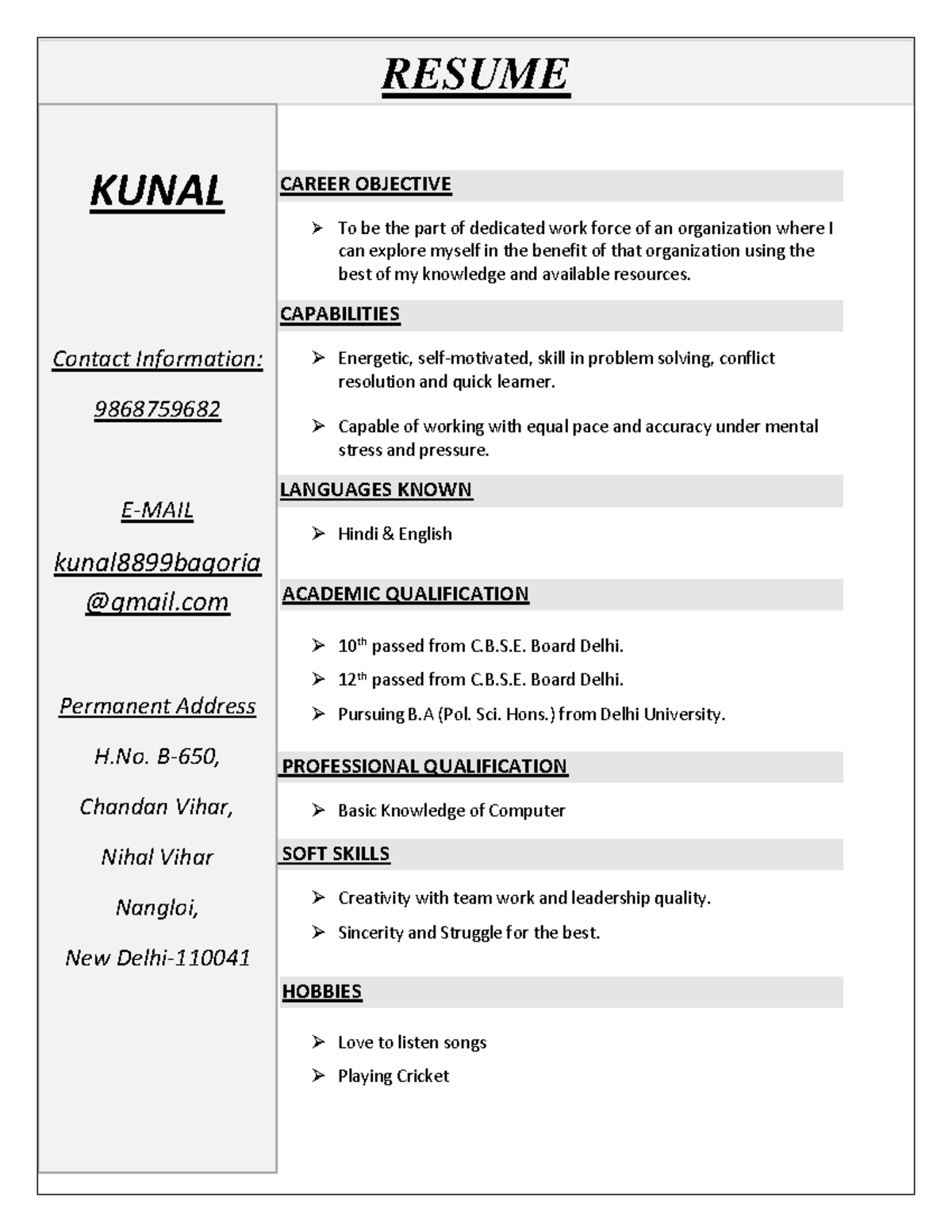 Kunal Resume - good - CAREER OBJECTIVE To be the part of dedicated work force of an organization ...