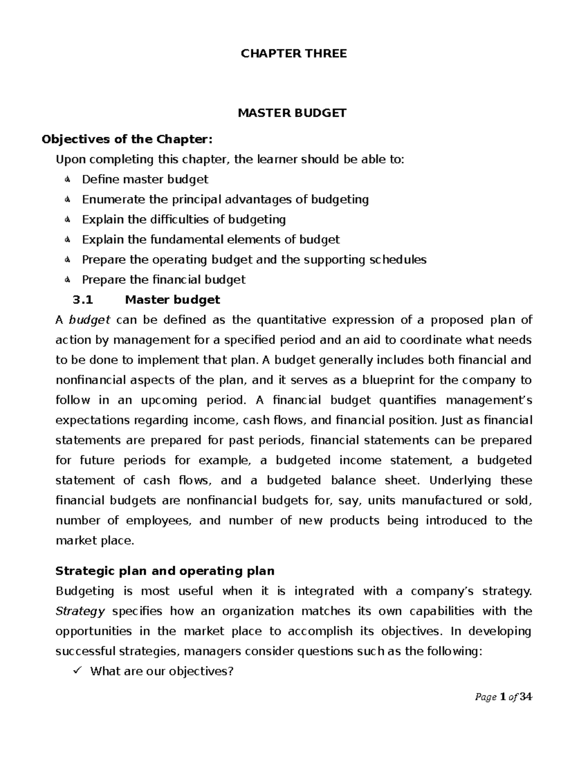 CMA II Ch III - jit - CHAPTER THREE MASTER BUDGET Objectives of the ...