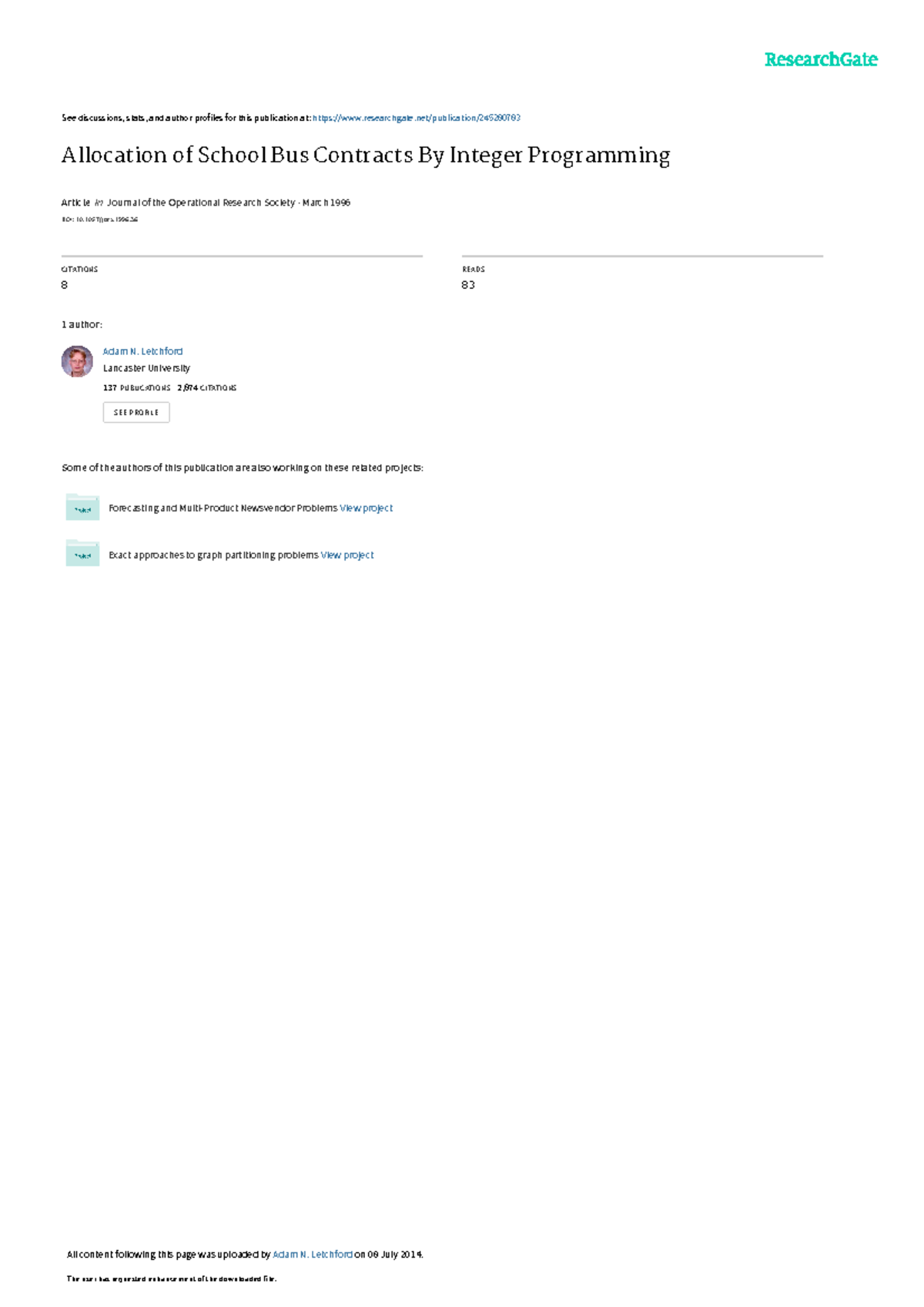 Letchford - Allocation of School Bus Contracts By Integer Programming - See discussions, stats ...