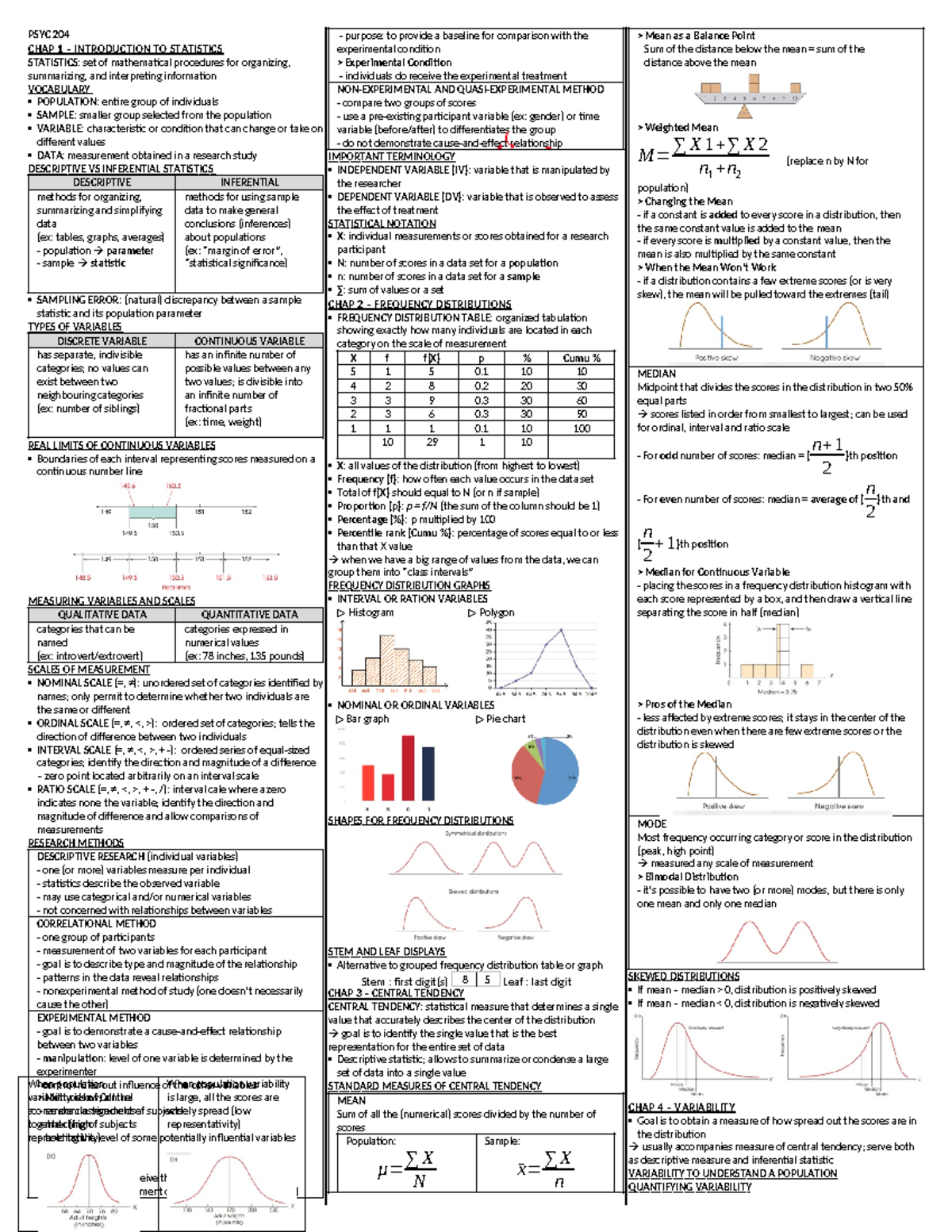 PSYC 204 Review sheet - PSYC 204 CHAP 1 – INTRODUCTION TO STATISTICS STATISTICS: set of ...