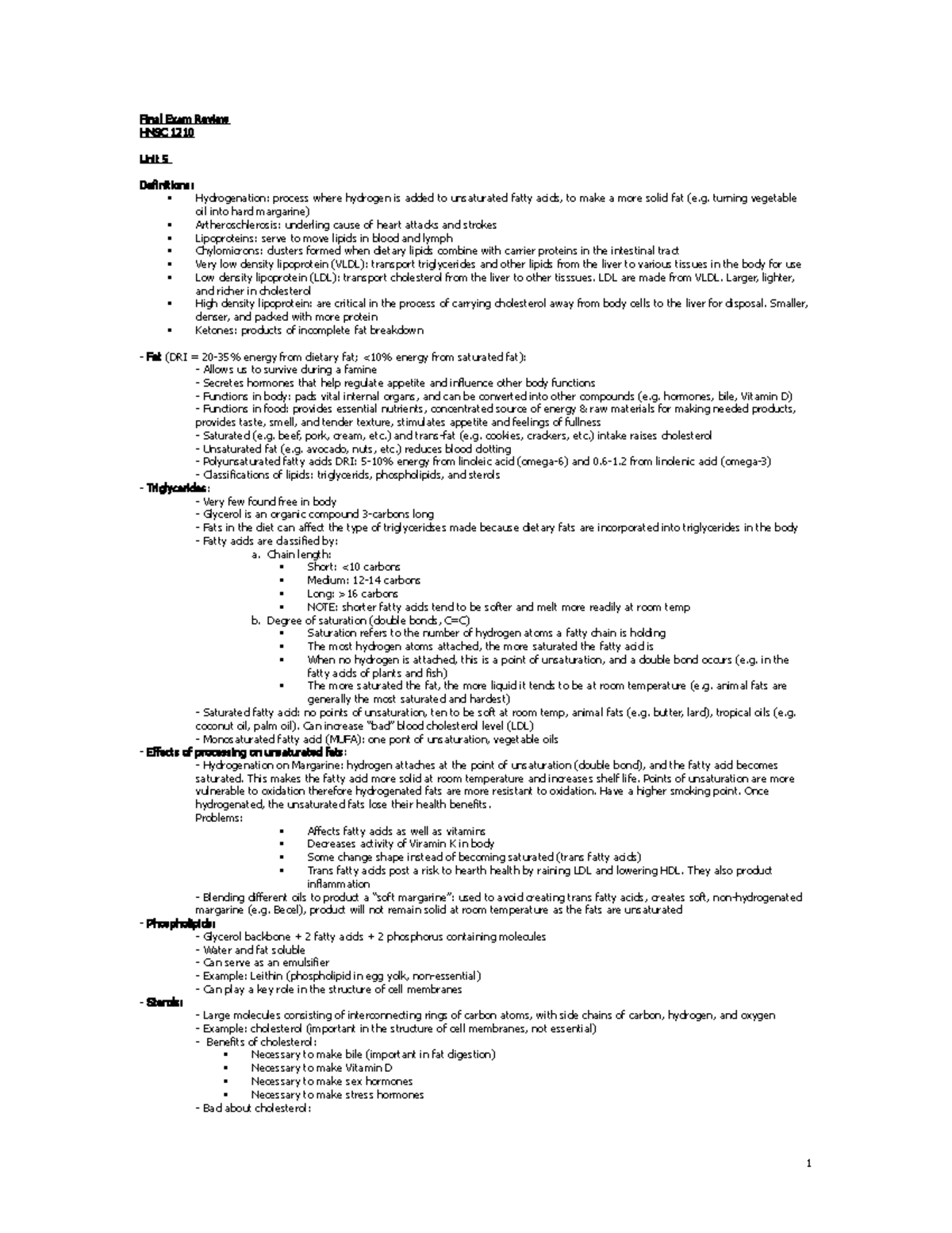 HNSC 1210 Final Exam Review - Final Exam Review HNSC 1210 Unit 5 ...