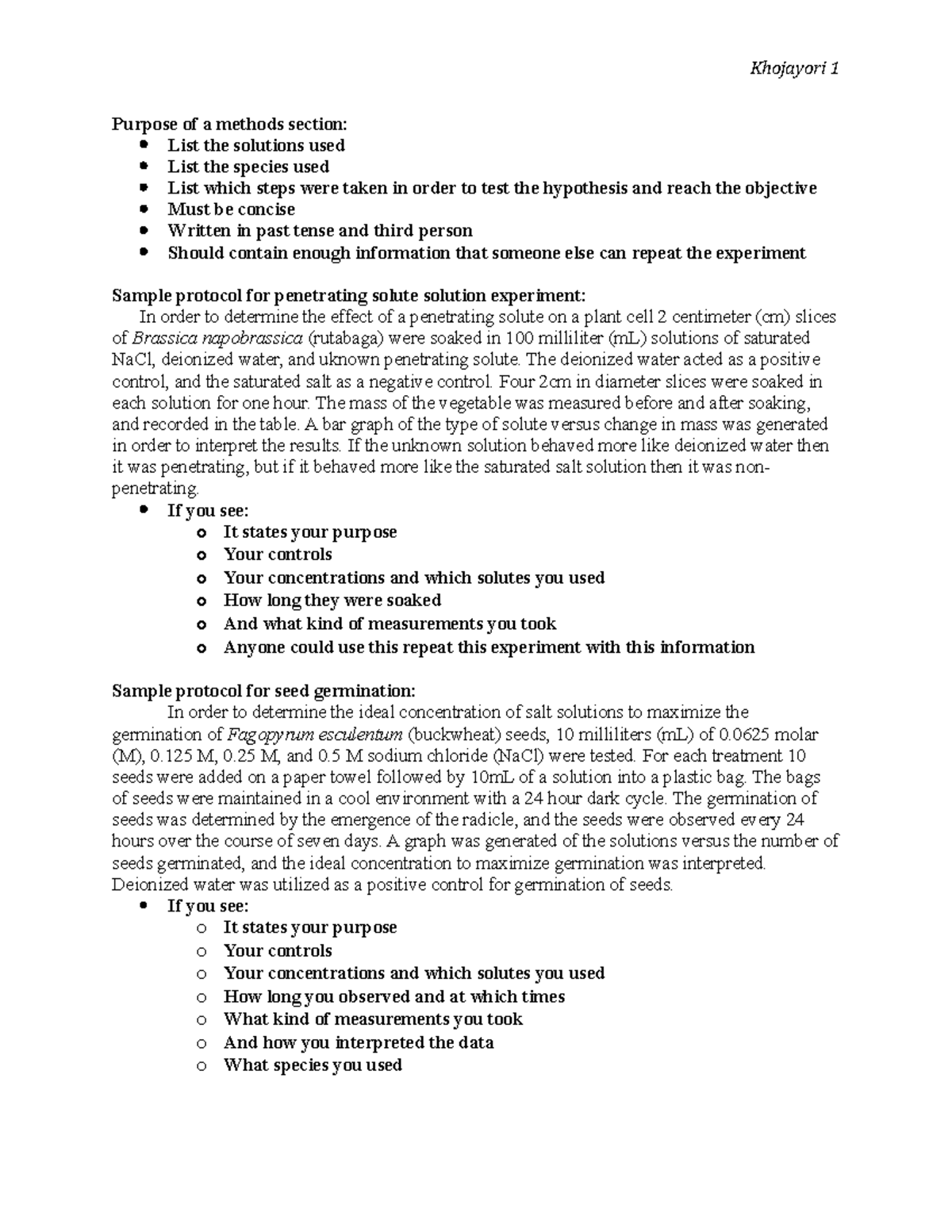 Guidlines for a Methods Section - Purpose of a methods section: List ...